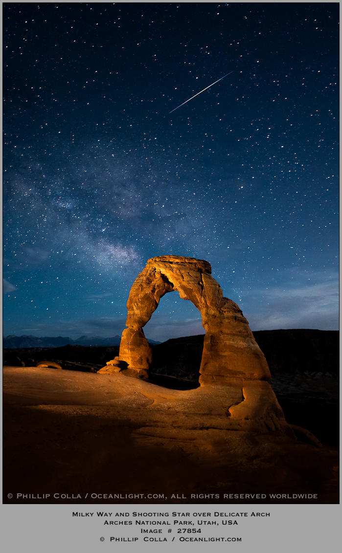 Delicate Arch at Night, Milky Way and Shooting Star, Arches National ...